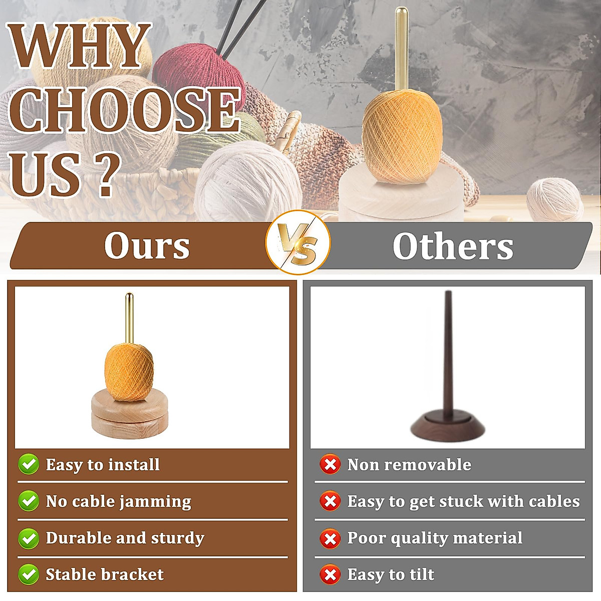 Wooden Yarn Holder Revolving Yarn Ball Stand Rotatable Beech Wood Yarn Skein Spinner Spindle Wooden Sewing Crocheting Tool Yarn Thread Holder Dispenser for Knitting