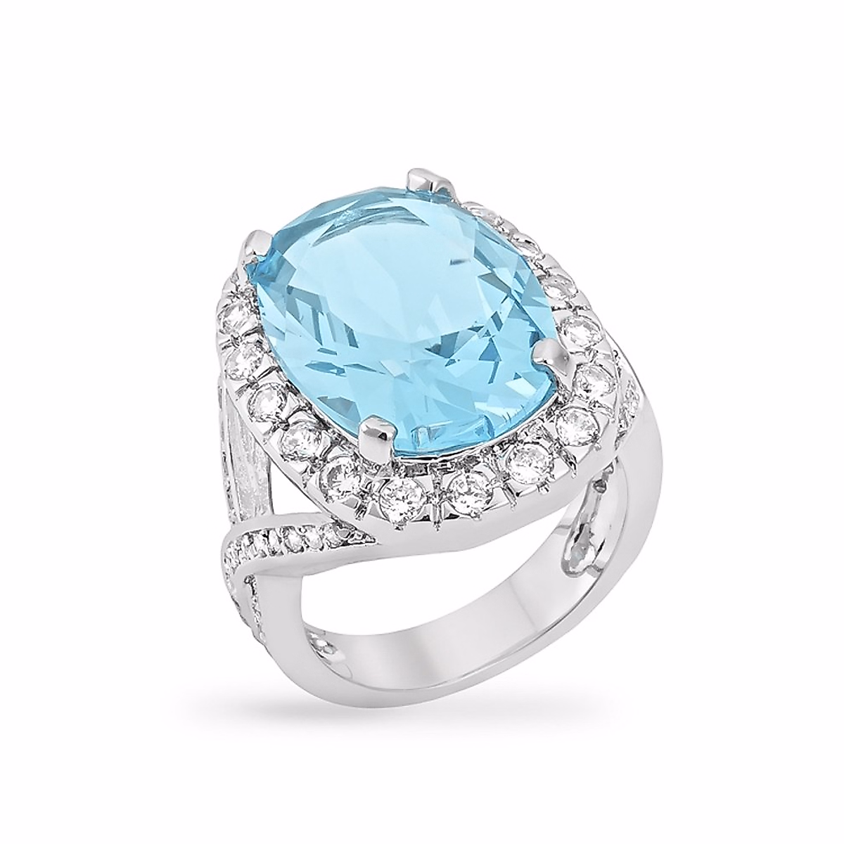 Kate Bissett Rhodium Plated Blue Topaz Oval Cocktail Ring with Faceted Blue Topaz Center CZ Size 8