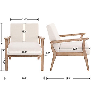 CIMOO Beige Accent Chair Mid Century Modern Armchair Wood Sitting Chair Linen Fabric Upholstered Side Chair Comfortable Chair for Living Room Bedroom Cream