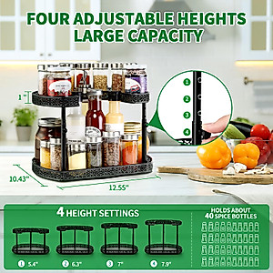 Spice Rack Lazy Susan Organizer - 2 Tier Rotating Spice Spinner for Cabinet with 4 Height Settings & Non-Slip Pad Kitchen Turntable Organization for Bathroom Pantry Countertop & Storage - Black Metal