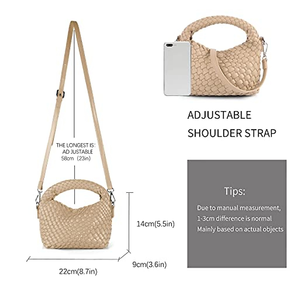 Women Woven Tote Small Crossbody Bag, Weave Quilted Purse Square Shoulder Bag Woven Handbag with Detachable Strap (Khaki)