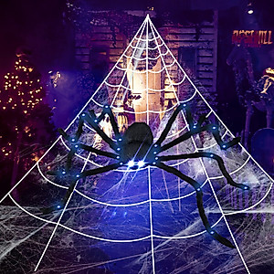4.1FT Giant LED Halloween Spider with 24.6FT Spider Web, Light-Up Purple Eyes & Joints, Outdoor Yard Decoration with Ground Stakes & Gutter Hook, Durable & Realistic Wall Decor for Halloween Party