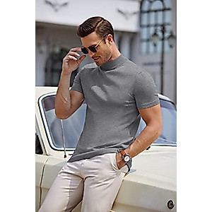 COOFANDY Mens Grey Mock Turtleneck Tops Short Sleeve Knitted T-Shirts Basic Thermal Pullover Sweater X-Large