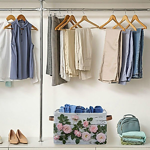 Large Storage Basket Pink Rose Storage Bin Cube Canvas Fabric Organizer Handles Collapsible for Clothes Toys Bedroom Decorative