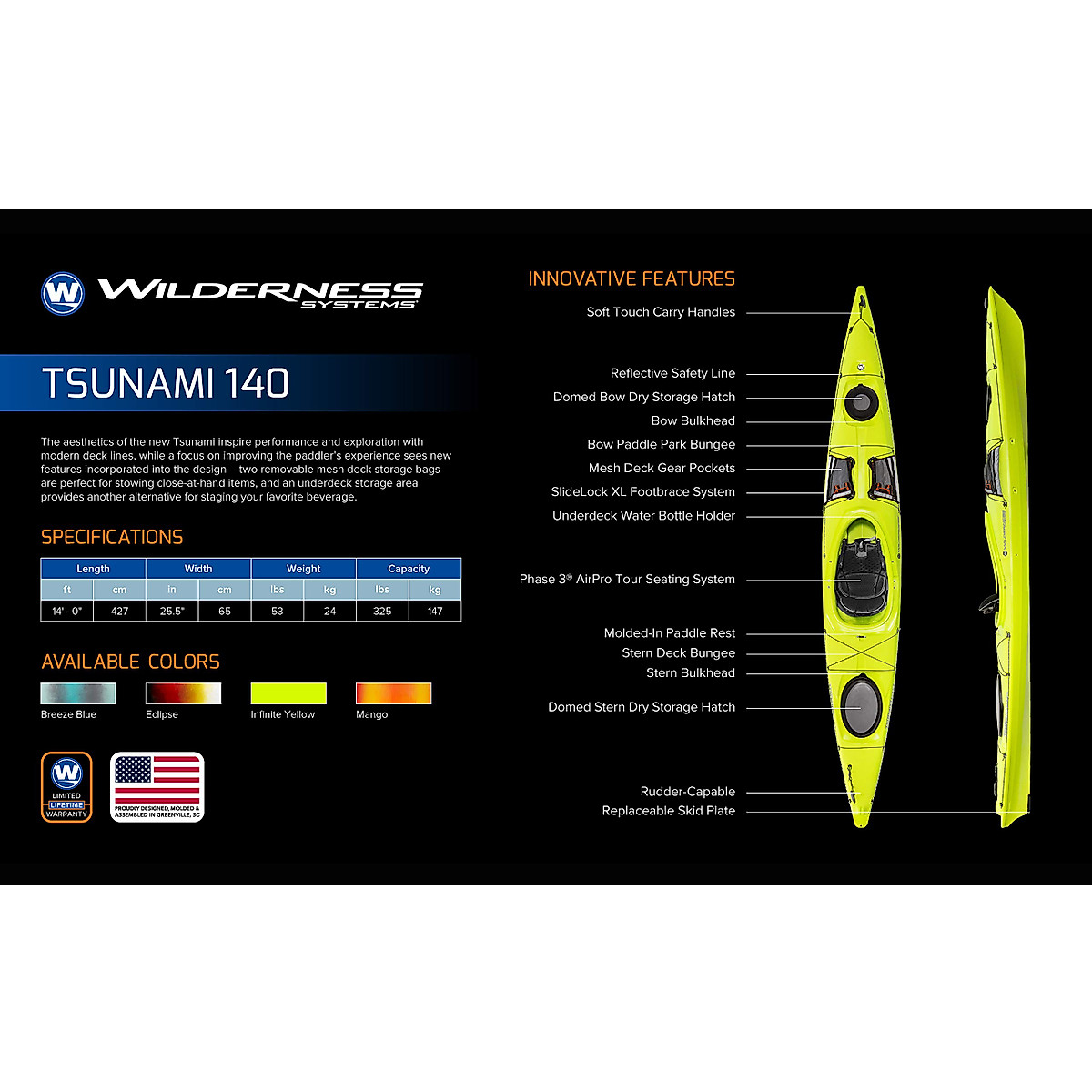 Wilderness Systems Tsunami 140 | Sit Inside Touring Kayak | Multiple Storage Options - Phase 3 Air Pro Seating | 14' | Breeze Blue