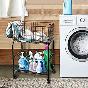 Rolling wire Laundry Basket with Wheels,Metal luandry cart for Room Organizer, garment laundry and storage (Black)