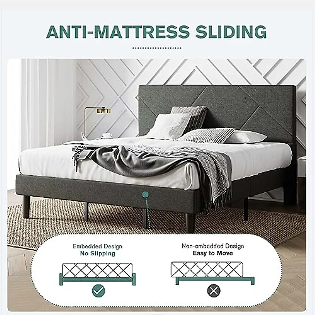 Queen Size Upholstered Platform Bed Frame with Linen Soft Headboard and Wooden Slats Support, No Box Spring Needed for Boys Girls Teens Adults, Non-Slip and Noise-Free, Under Bed Storage (Queen)