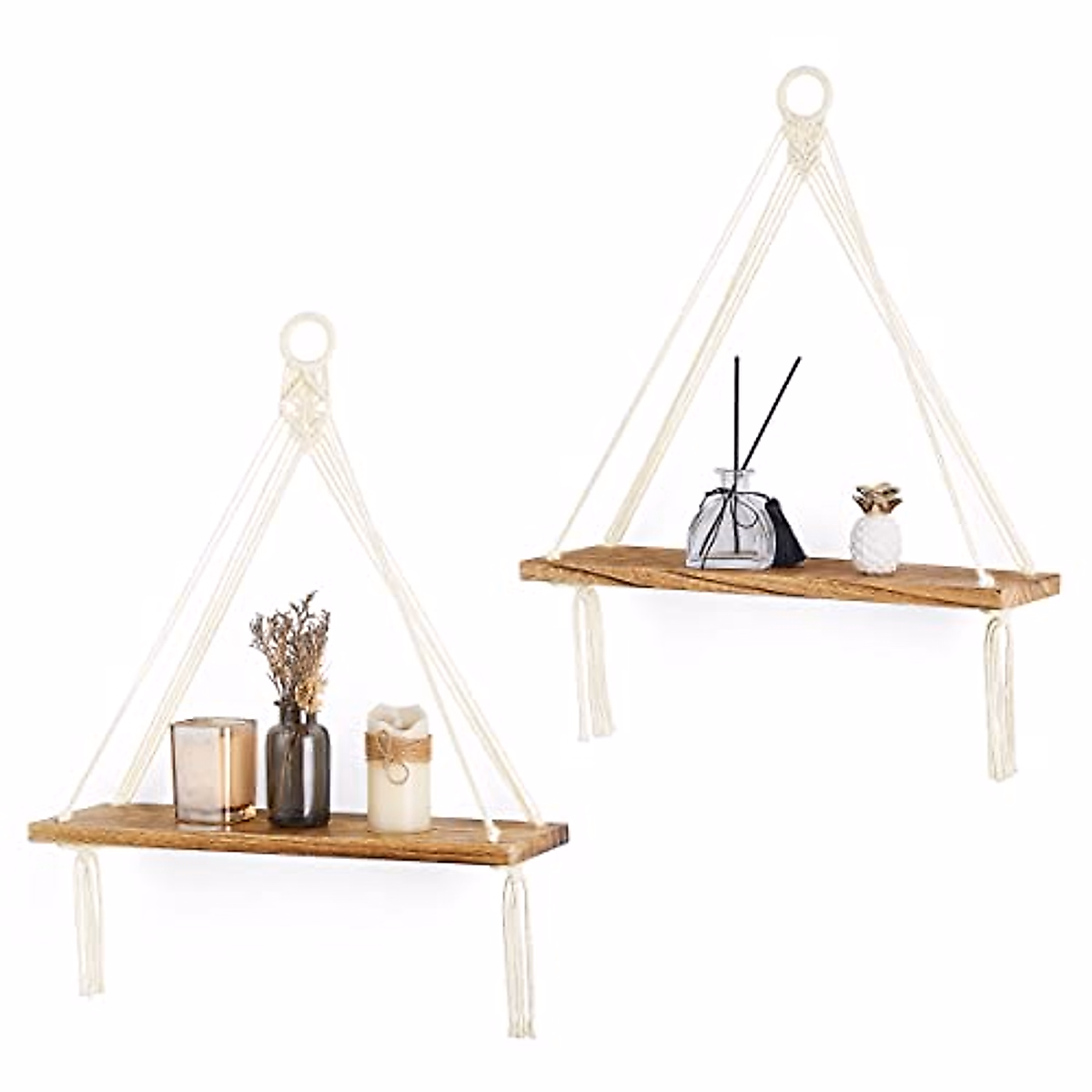 Dahey Macrame Hanging Shelf Boho Wall Decor, 2 Pack Rustic Wood Floating Shelves for Nursery Bedroom Bathroom Living Room Dorm Room, Storage Display Shelves for Hanging Plants Photos