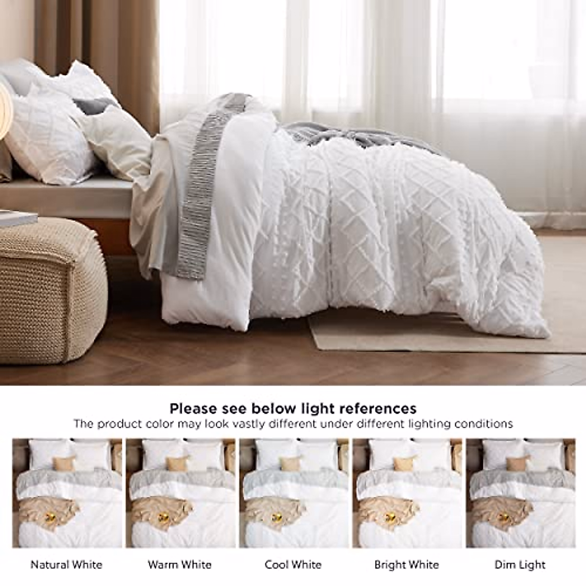 Bedsure Boho Comforter Set Queen - White Tufted Shabby Chic Bedding Comforter Set for All Seasons, 3 Pieces Western Comforter Set, Farmhouse Modern Bed Set, Spring Bedding for Women Men Girls