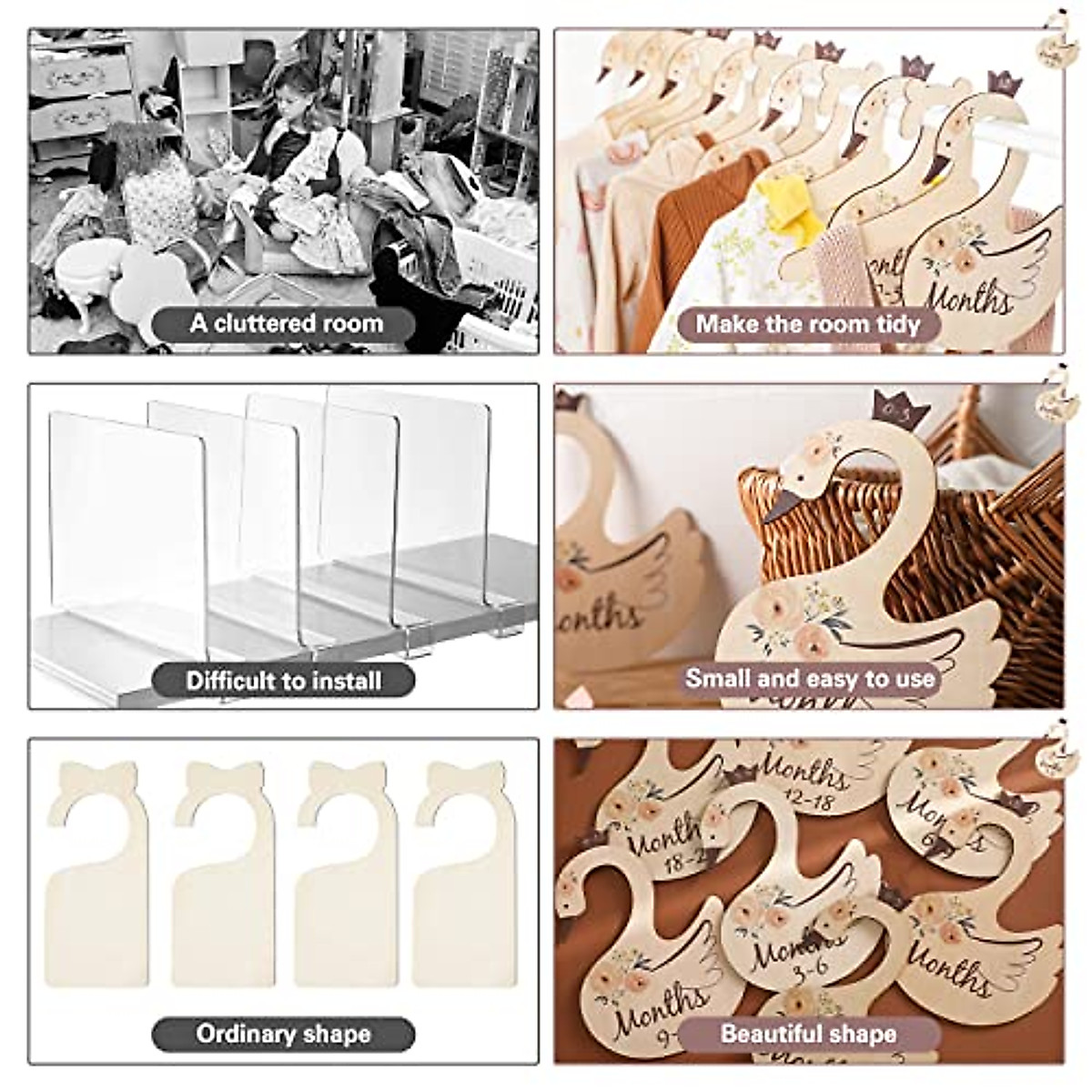 Wooden Baby Closet Dividers, 7x Closet Dividers for Baby Clothes, Swan Baby Clothing Size Age Dividers from Newborn to 24 Months - Floral Baby Clothes Dividers For Closet & Nursery Closet Organizer