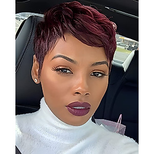 Qingcheng Synthetic Short Wavy Hair Wig, Short Pixie Cut Wig Wine Red Hair Wig Short Haircuts for for Black Women