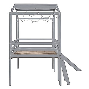 CITYLIGHT Twin Size Loft Bed with Slide, Low Loft Bed Frame with Blackboard and Light Strip on The Roof, Wood Kids Slide Bed for Girls, Boys, Grey
