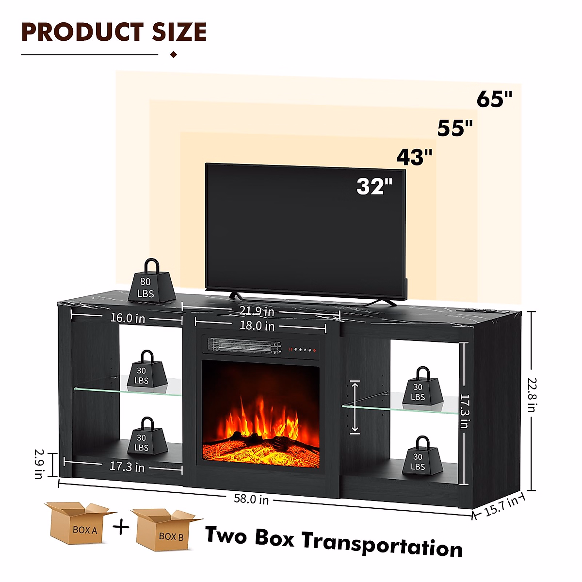 BREEZEHEAT 58inch Electric Fireplace TV Stand for 65'' TV-Entertainment Center with 18'' Fireplace and Led Light-TV Console with Glass Shelves, Power Outlets, Remote Control (Black Marble)