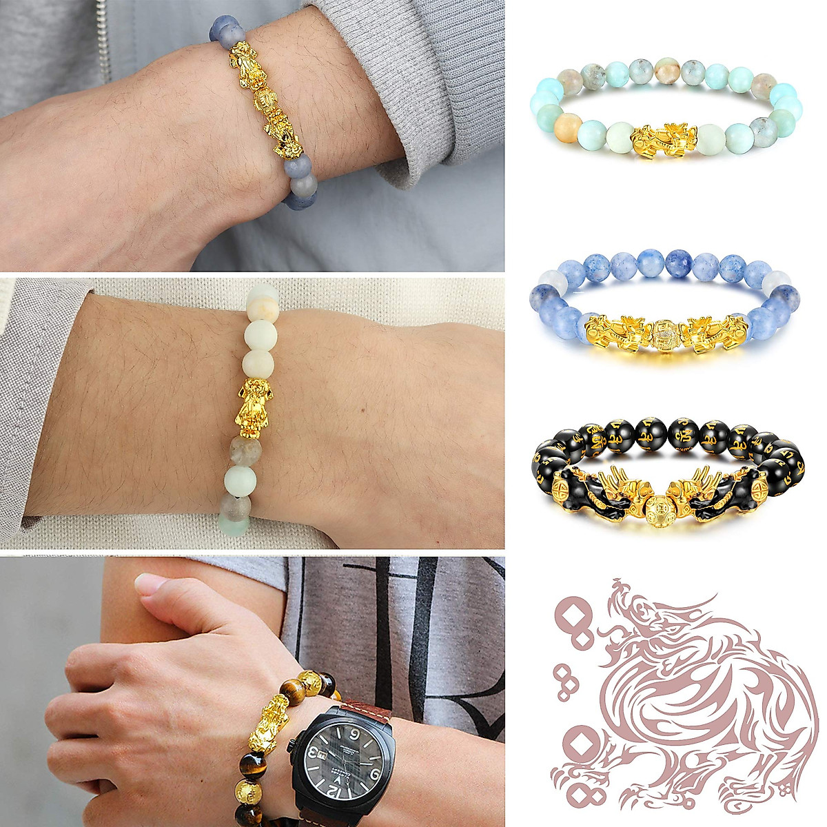sailimue 6 Pcs Feng Shui Pixiu Good Luck Bracelets for Men Women Natural Stone Tiger Eye Bead Bracelet Pi Yao Chinese Dragon Charm Adjustable Feng Shui Black Obsidian Wealth Bracelet Set