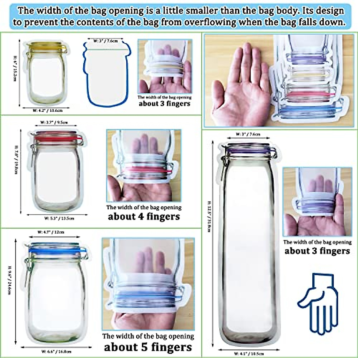 laffeya Candy Snack Bag, 20pcs Reusable Mason Bags, 8pcs Blue 1000ml 8pcs Red 500ML 4pcs Yellow150ml Mason Jar Bag, Reusable Plastic Bags Snack Bags, Freezer Kitchen Organizer