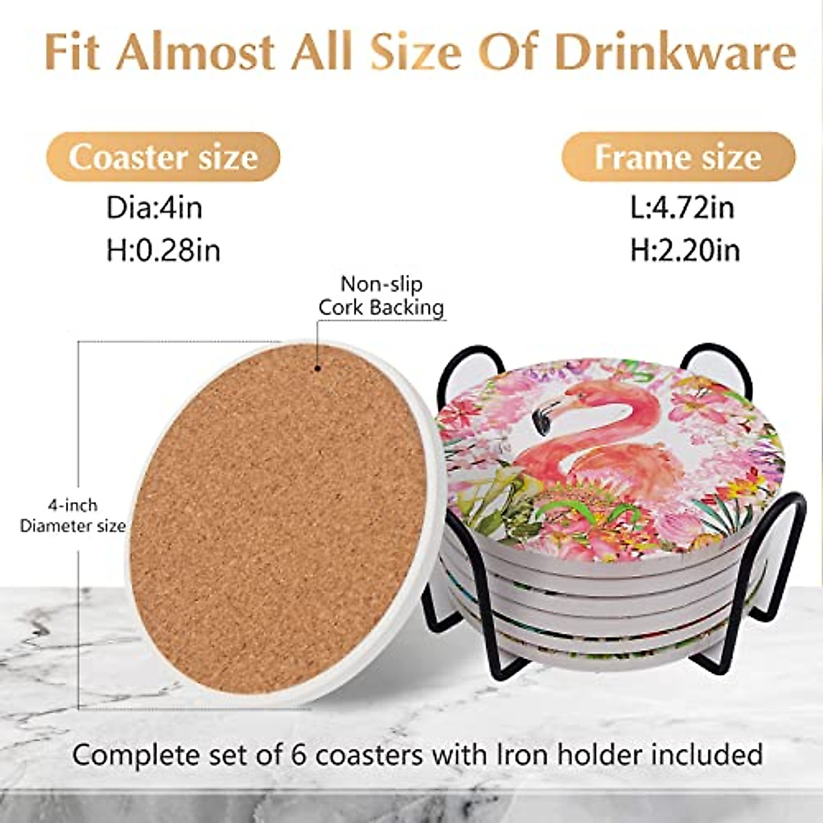 Pink Coasters for Drinks with Holder, Set of 6 Absorbent Ceramic Coaster, Tropical Flamingo Floral Style for Bar Wooden Coffee Tables, Cute Home Party Decor, Gift for Woman,4 Inches