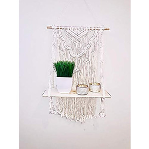 KALTEK Macrame Shelf with Flower Design | Boho Style with Floating Wood Shelf | Beautiful Handmade Macrame Shelf for Hanging Plants and Decor | Boho Wall Decor with Macrame Rope Shelving
