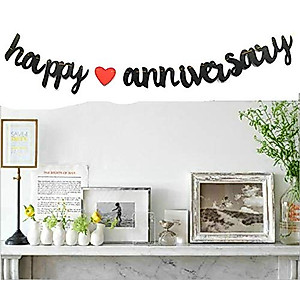 Happy Anniversary Banner Prestrung Red & Black Paper Sign for First Wedding Anniversary Party Decoration Photo Props/Anniversary Ceremony Banner