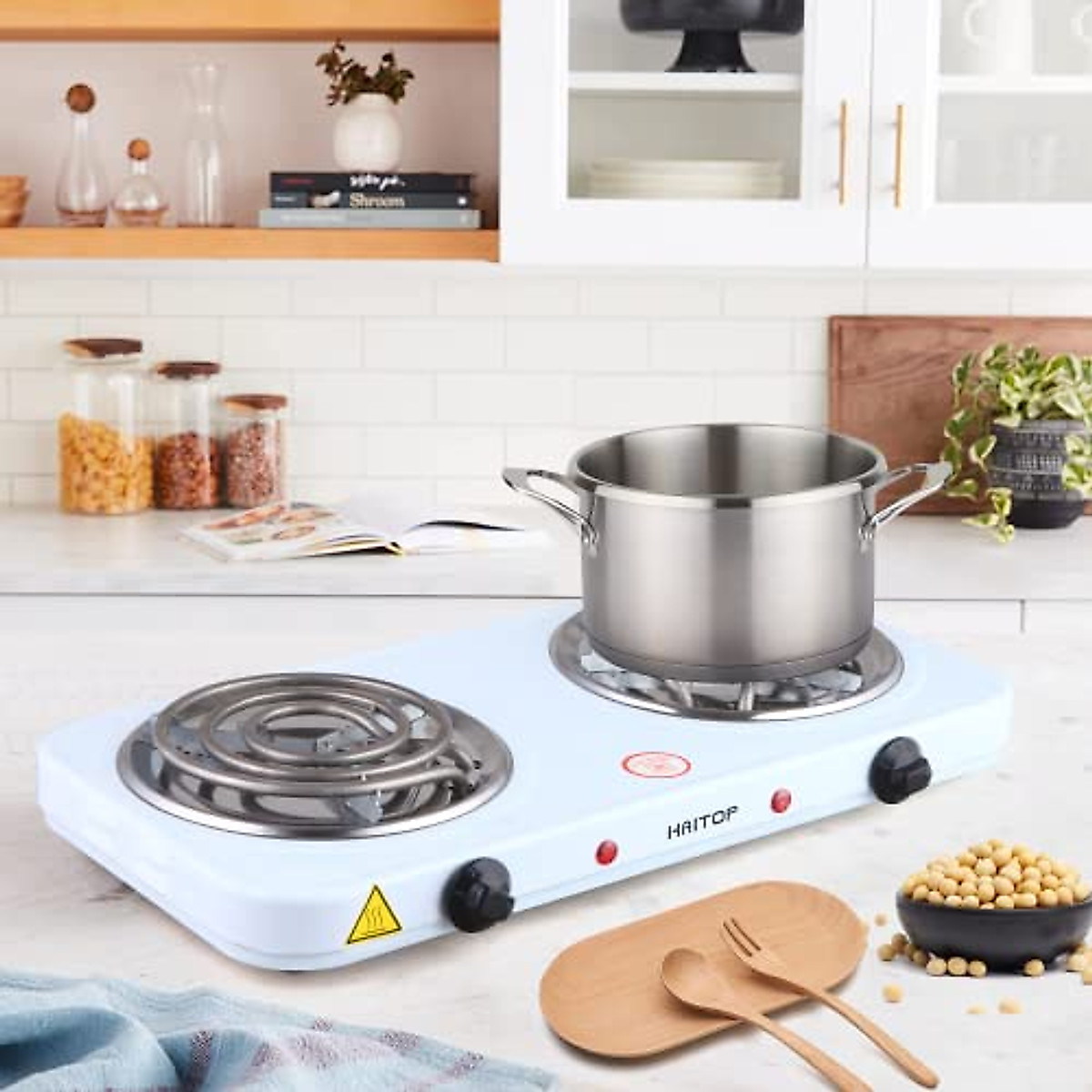 HAITOP Countertop Burner Electric Double Burners 2000 Watts Electric Hot Plate Temperature Controls Power Indicator Lights Easy to Clean