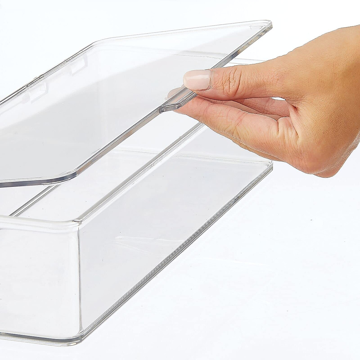 mDesign Plastic Playroom and Gaming Storage Organizer Box Containers with Hinged Lid for Shelves or Cubbies, Holds Small Toys, Building Blocks, Puzzles, Markers, Controllers, or Crayons, 4 Pack, Clear