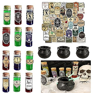 65Pcs Halloween Potion Bottles Set for Halloween Party - 12Pcs Mini Potion Vials, 50Pcs Halloween Stickers, 3Pcs Witch Cauldron - Witch Brew Halloween Party Favor, Halloween Home Kitchen Decoration