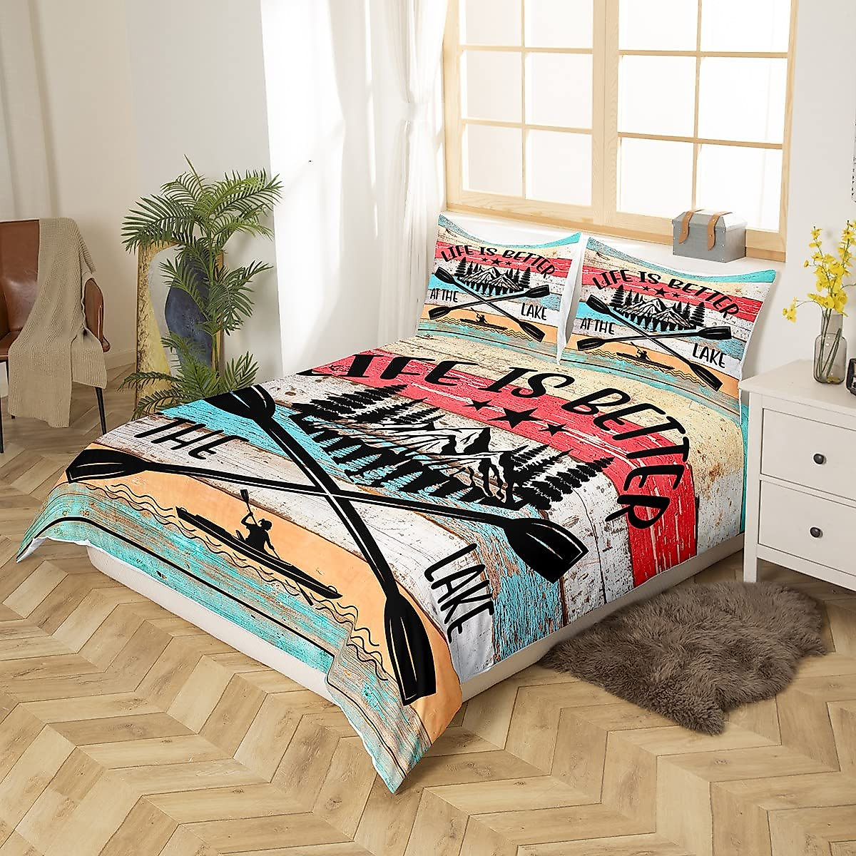 Lake Boating Bedding Set King Size Rustic Farmhouse Wooden Barn Duvet Cover Set 3pcs for Kids Girls Teens Bedroom Decor Outdoor Camping Comforter Cover Vintage Colorful Quilt Cover,2 Pillowcases
