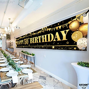 KatchOn, XtraLarge Happy 50th Birthday Yard Banner - 120x20 Inch | Black and Gold 50th Birthday Yard Sign for Men | Happy 50th Birthday Banner for 50th Birthday Decorations | 50 Birthday Decorations