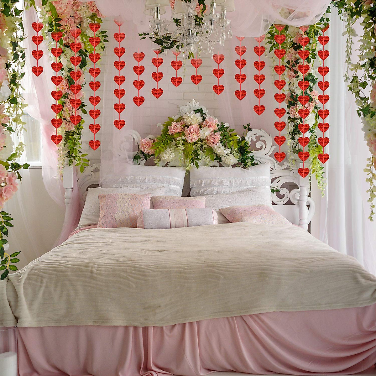 24 Pack red Heart Garlands Valentine's Day Decorations 144 Pieces Red Hearts for Valentine's Day, Wedding, Mother's Day, Party Supplies, No DIY