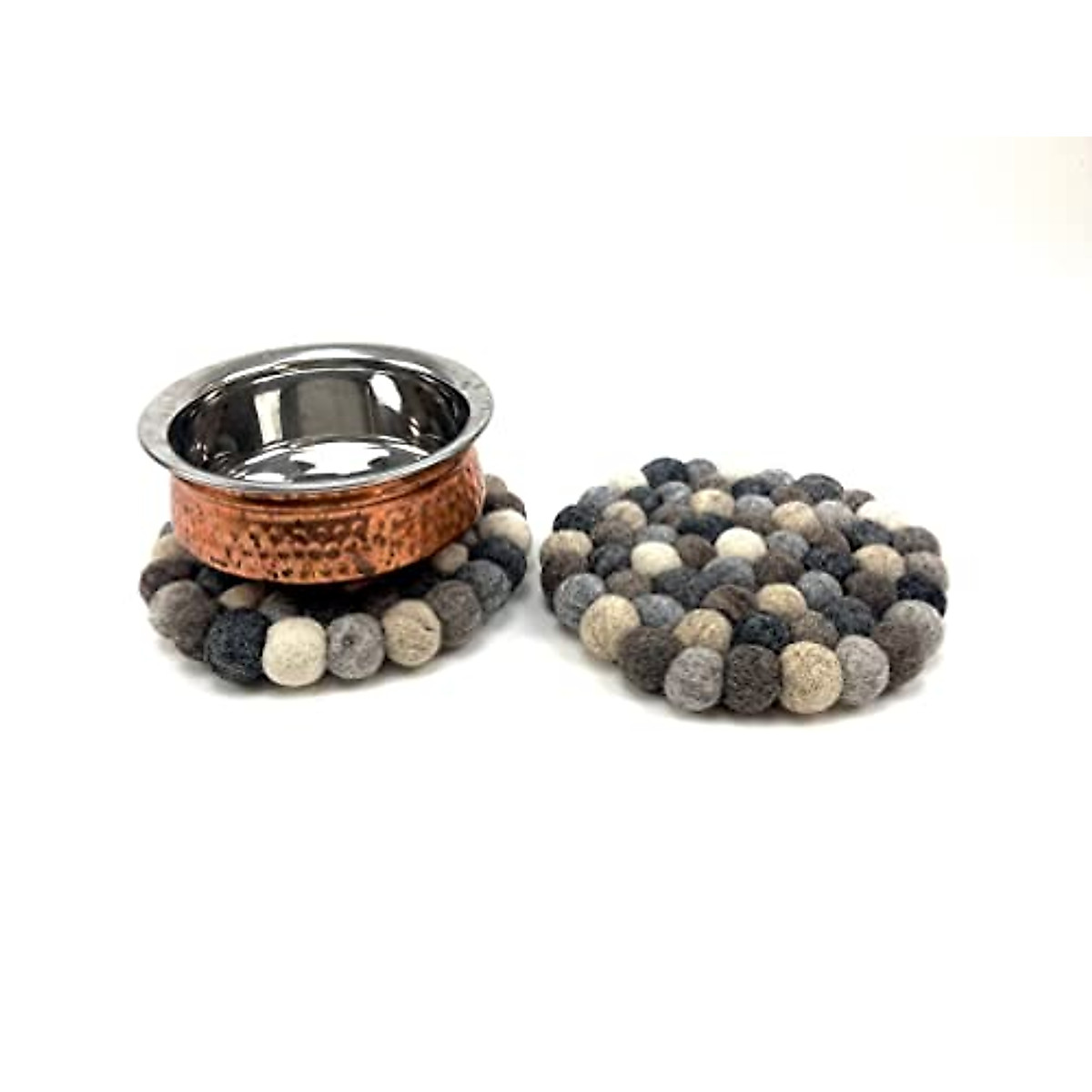 Handmade Trivet, Felt Ball Trivet, Potholders, Trivets, 100% Wool, Felt, Hot Pot Holders (Set of 2) Hot Pads, Flexible, Durable, Heat Resistant Mat, Mats, Round Trivet (Multi Light Gray, Round)