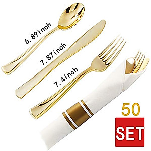 WELLIFE 350 Pieces Gold Plastic Plates with Disposable Silverware and Cups, Include: 50 Dinner Plates 10.25”, 50 Dessert Plates 7.5”, 50 Gold Rim Cups 9 OZ, 50 Gold Cutlery
