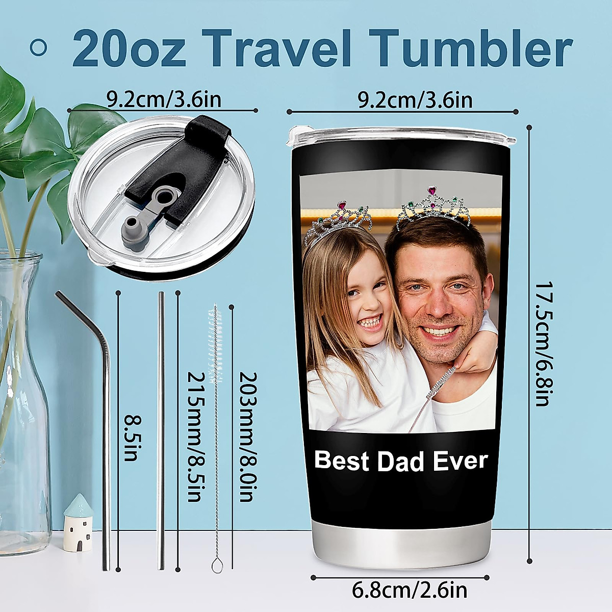 Personalized Coffee Tumbler with Pictures Text, 20oz Custom Insulated Stainless Steel Tumbler, Customized Father's Day Birthday Gifts for Men Women, Travel Coffee Cup with Lids