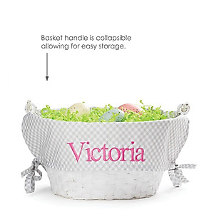 Personalized Planet Easter Basket with Gray Gingham Liner, White Basket, for Kids & Adults - Custom Name, Gift for Easter