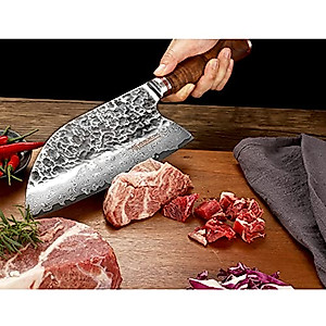 YOUSUNLONG Hybrid Cleaver Outdoor Heavy Duty Meat Cleaver 8 Inch Hammered Damascus Natural Walnut Wood Sheath with Leather