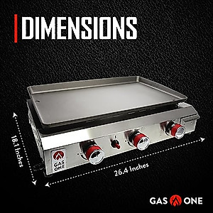 Gas One Flat Top Grill with 3 Burners – Auto Ignition Propane Portable Gas Grill – Premium Stainless Steel Body Tabletop Grill with Pre Season Griddle – Convenient Drip Tray – Ideal for RV, Camping