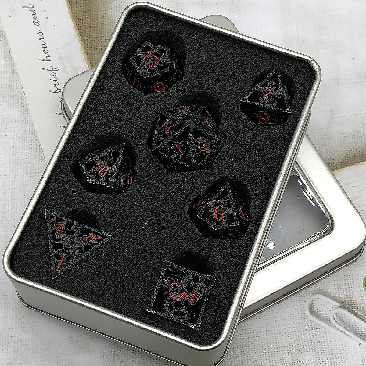 DND Metal Hollow Dragon Dice Set - D&D Black Red Polyhedral Dice (Free Metal Box) Suitable for Pathfinder RPG Board Game Dice (Black Red)