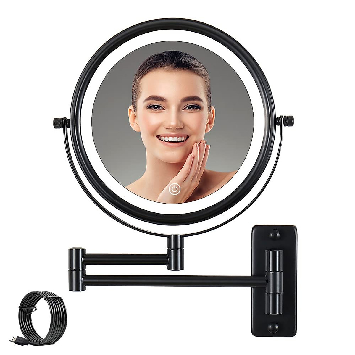 Keilefo Wall Mounted Makeup Mirror 10X Majnifying Mirror LED Light Dimmable Touch Screen, USB Charge, Extendable Double Sided Vanity Mirror 8 Inch, Black