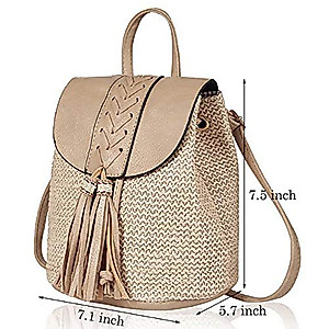 Aisi Women Girls Straw Woven Backpack Summer Beach Casual Daypack Tassel Traveling Purse One Size Khaki