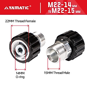 YAMATIC Pressure Washer Adapter, Metric M22-14mm Female to M22-15mm Male Fitting, Connect M22-15mm Pressure Washer Hose with M22-14mm Outlet Power Washer, 4000 PSI, 1PCS