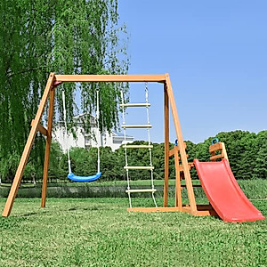 Kiriner Wooden Swing Set with Slide, Outdoor Playset Backyard Activity Playground Climb Swing Outdoor Play Structure for Toddlers, Ready to Assemble Wooden Swing-N-Slide Set Kids Climbers