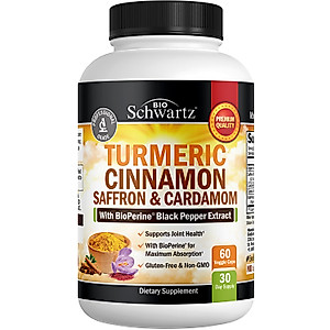 Turmeric Supplement with Saffron, Cinnamon and Cardamom Plus BioPerine Black Pepper Extract for Optimal Absorption, Natural Tumeric Curcumin Joint Support Supplement for Women and Men, 60 Capsules
