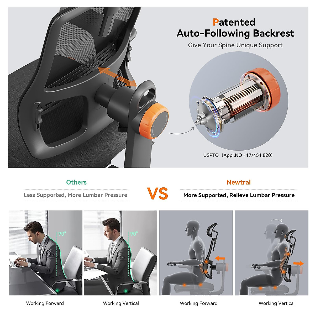 Newtral Ergonomic Office Chair with Laptop Table Tray - Home Office Desk Chair with Auto-Following Lumbar Support, 3D Armrest, Adjustable Headrest, Recline Mesh Back