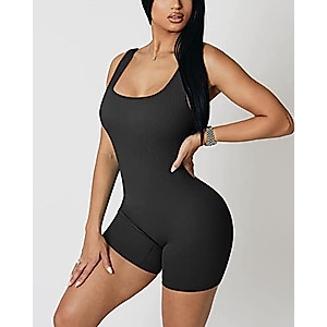 RoniKasha Rompers for Women Yoga Workout Ribbed Square Neck Sleeveless Sport Romper Jumpsuits,Black,Small