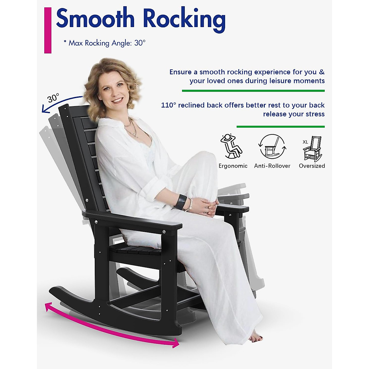 BRIOPAWS Outdoor Rocking Chairs | Set of 2 | Porch Rockers | HDPE Plastic| Black | Oversized | Patio Rocker Chair | High Back | for Big Man | Weather Resistant | for Outside Deck Balcony Backyard