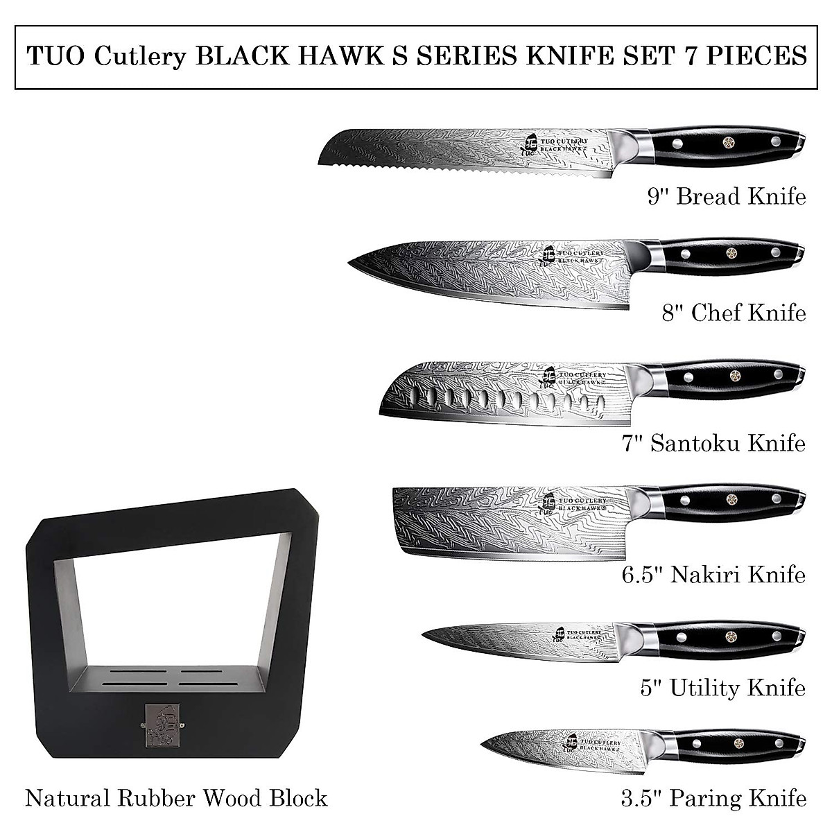 TUO Knife Set - Kitchen Knife Set with Wooden Block 7 pieces - G10 Full Tang Ergonomic Handle - BLACK HAWK S SERIES with Gift Box