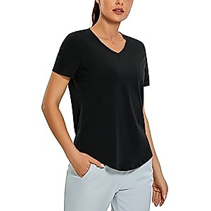 CRZ YOGA Womens Pima Cotton Short Sleeve Shirts V Neck T-Shirts Casual Workout Tops Gym Clothes Black X-Large