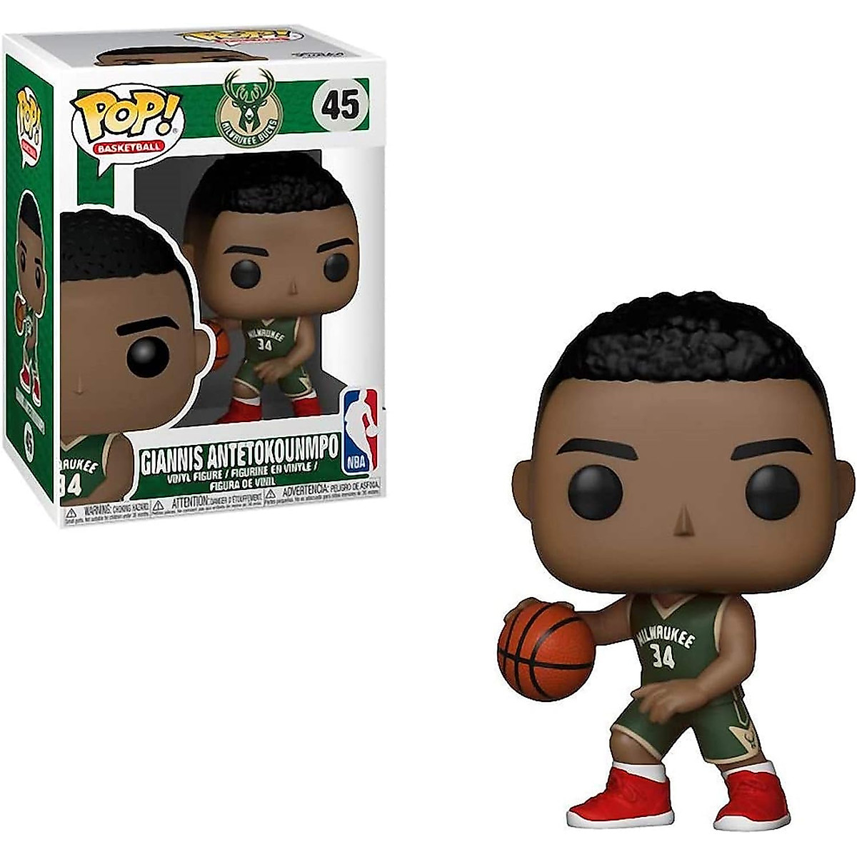 Giannis Antertokounmpo Milwaukee Green Jersey #45 Pop Sports NBA Action Figure (Bundled with Pop Protector to Protect Display Box)