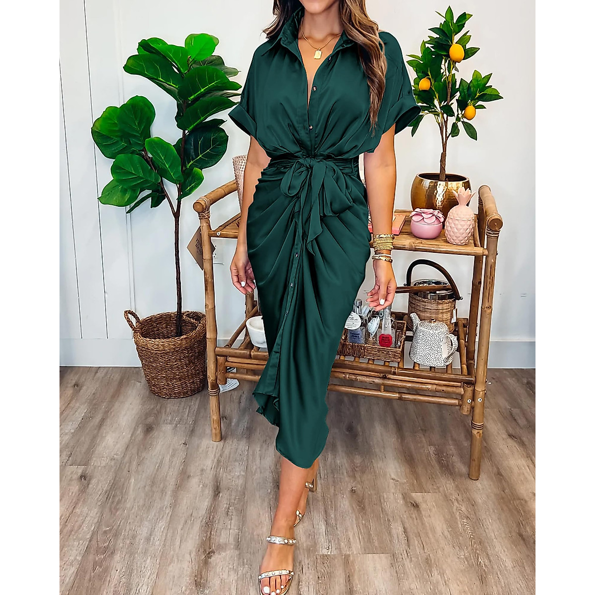 BTFBM 2024 Women Button Down Ruched Shirt Dresses Short Sleeve Lapel V Neck Elegant Party Spring Summer Maxi Satin Dress(Short Sleeve Dark Green, Medium)