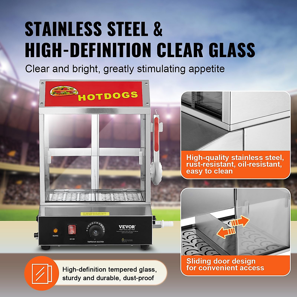 VEVOR Hot Dog Steamer, 28.5QT, 2-Tier Hot Dog Hut Steamer, 86℉~185℉ Temperature Control, Electric Bun Warmer with Tempered Glass Slide Doors Partition Plate Tong, Stainless Steel, for Hot Dogs & Buns