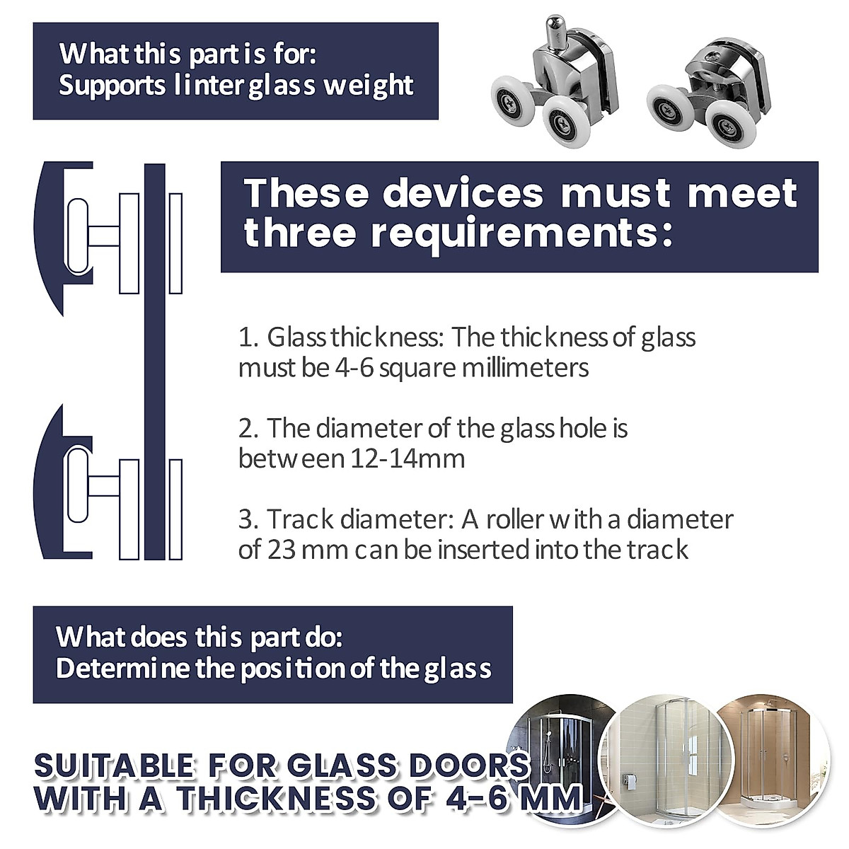 8Pcs Curved Shower Door Rollers 23mm Aluminum Alloy Top and Bottom Shower Glass Door Wheel Quiet Shower Door Pulley Replacement with Anti-Collision Pad and Screws for 4-6mm Glass Door