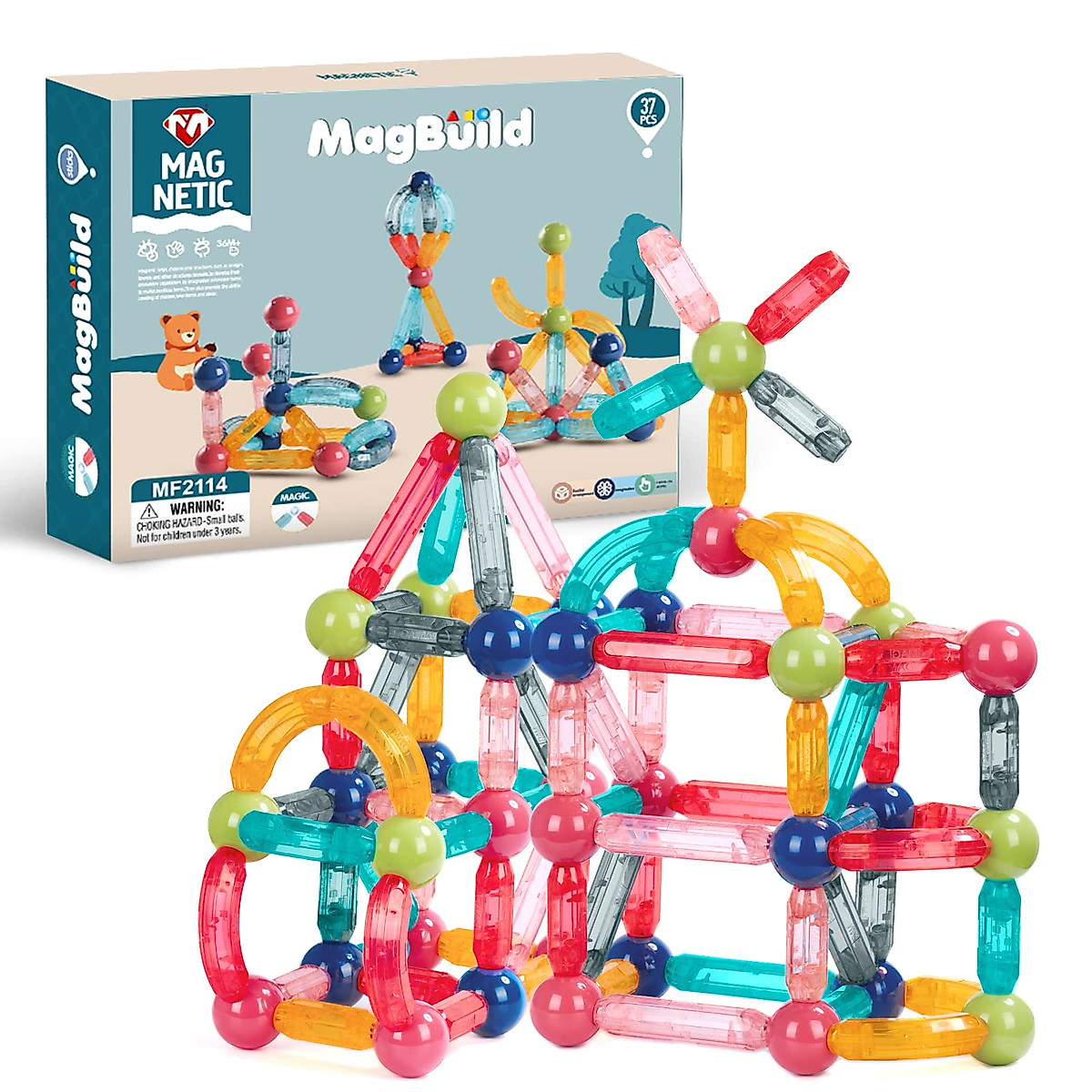 csvictory Magnetic Balls and Rods Set, Magnetic Blocks Toy for STEM, Magnetic Building Blocks with Magnetic Rods & Balls, Magnetic Sticks and Balls Building Set for Kids Age 3+ (37 PCS)